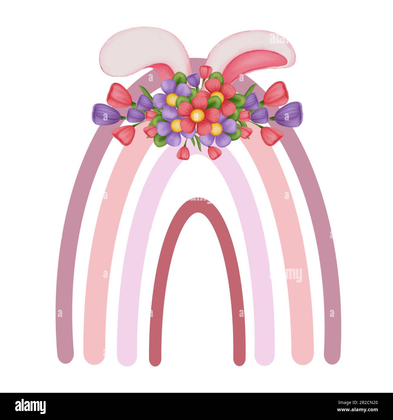 Boho rainbow with bunny ears and colorful flowers. Easter rainbow and ...