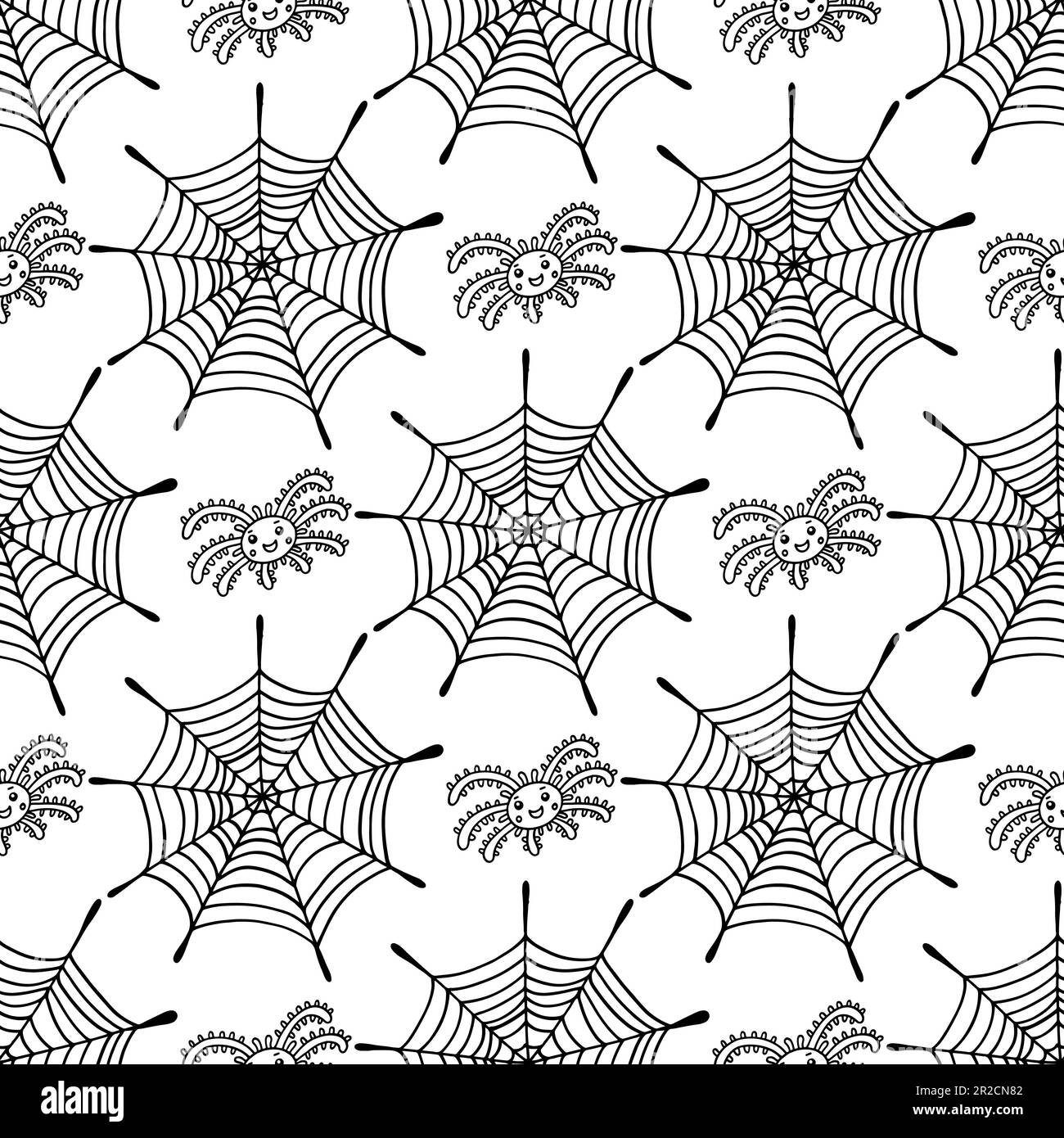 Spider web seamless pattern - black on white background. Halloween ...