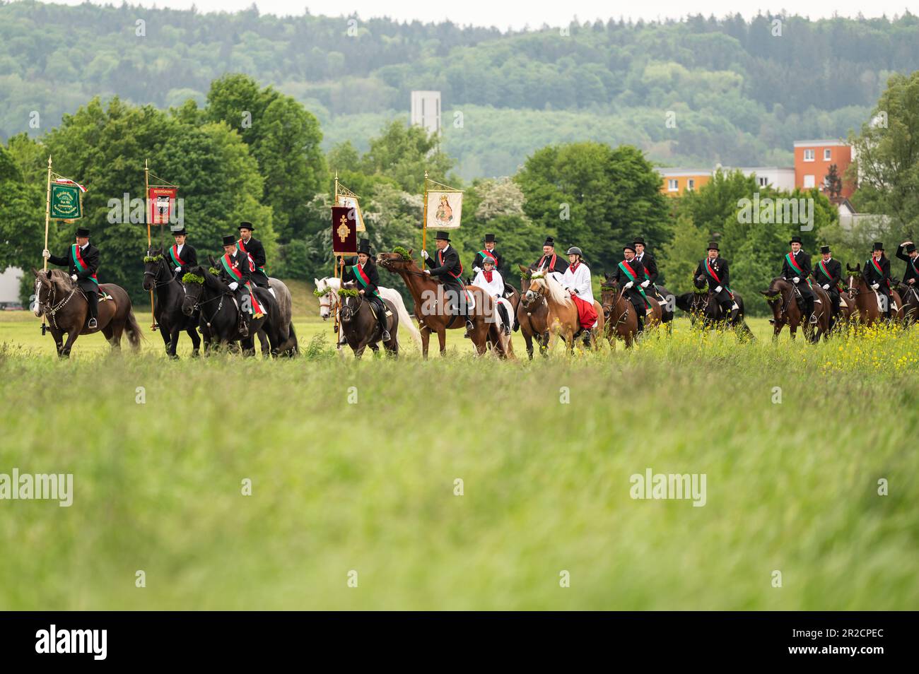 Weingarten, Germany. 19th May, 2023. So-called blood riders ride in a ...