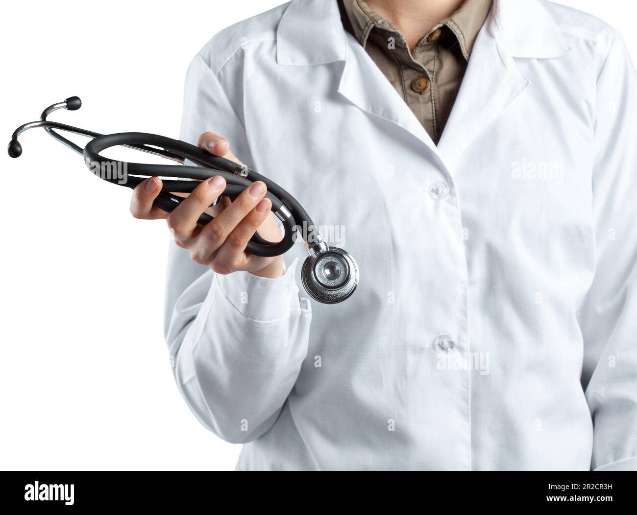 Woman doctor with a stethoscope. Isolated on white Stock Photo - Alamy