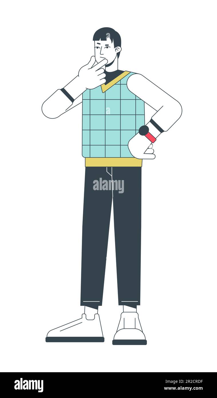 Contemplate pensive young man flat line color vector character Stock ...