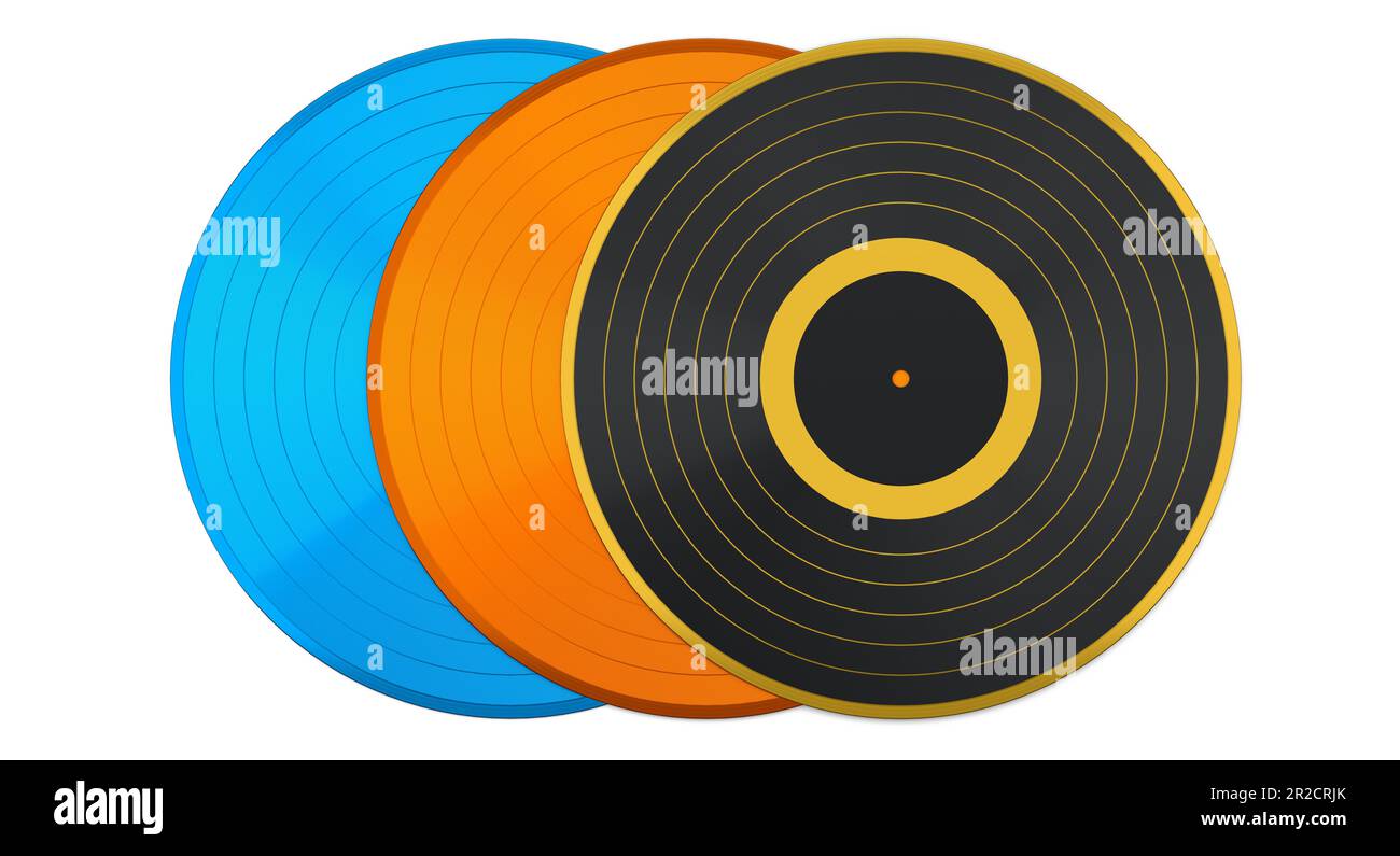 Set of vinyl LP records with label isolated on white background. 3d ...