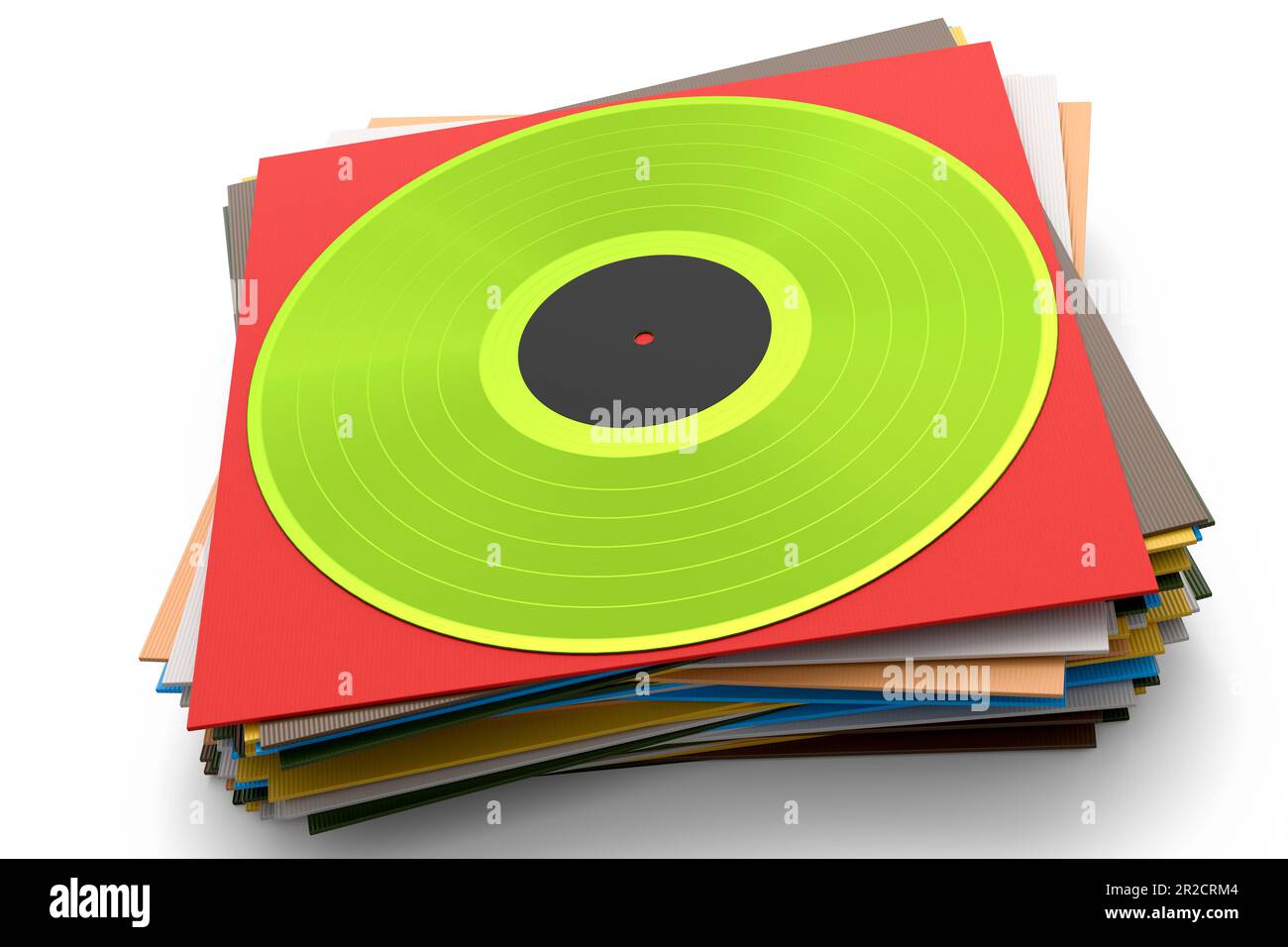 Black vinyl LP record with heap of covers isolated on white background ...