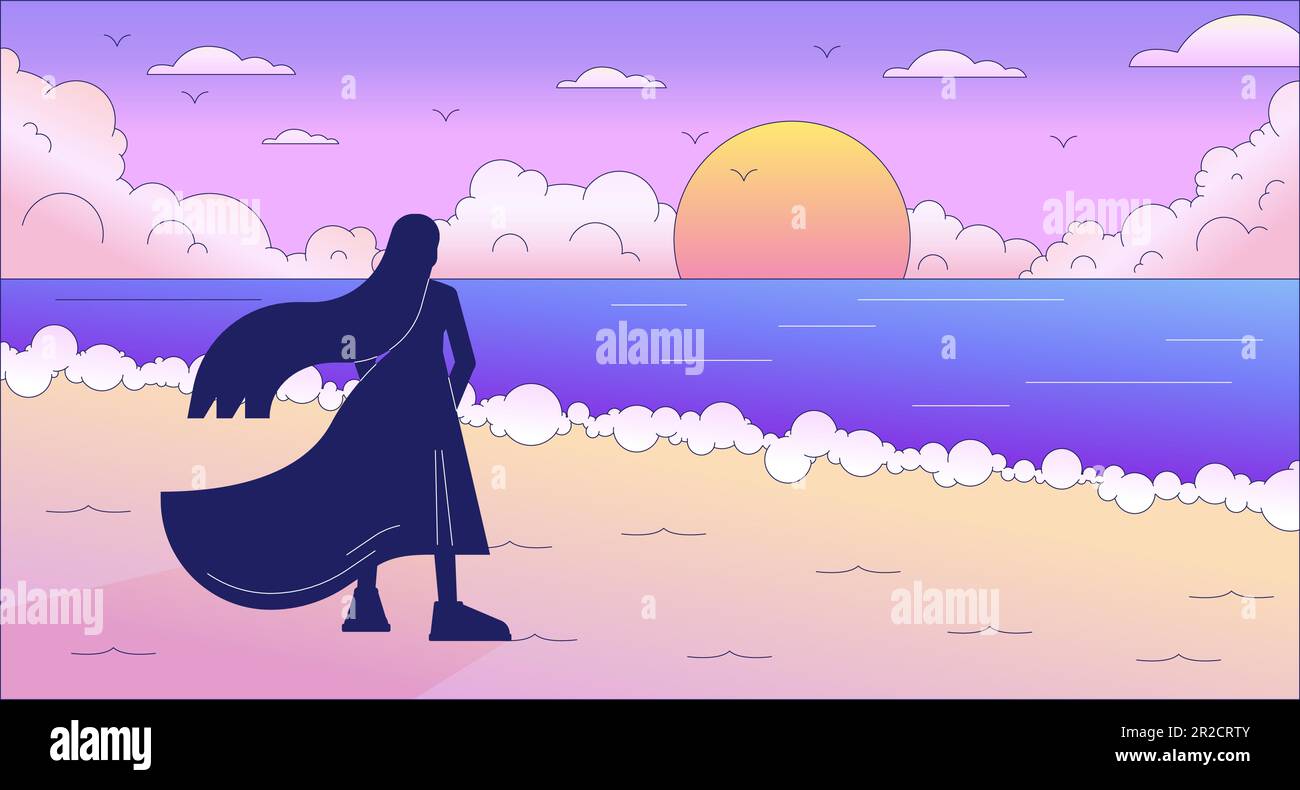 Sad woman on beach enjoying sunset lo fi chill wallpaper Stock Vector ...