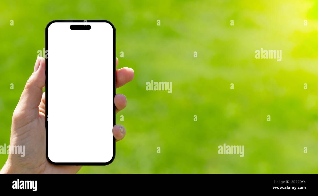 Blank white screen smartphone in woman's hand, perfect design mockup ...