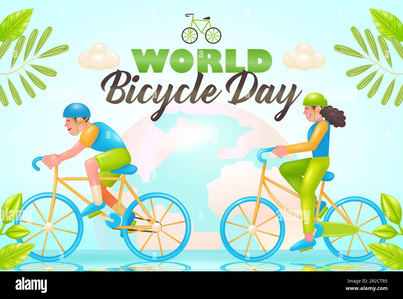 Young couple riding bicycles for world bike day and car free day, fresh theme in 3d vector ...