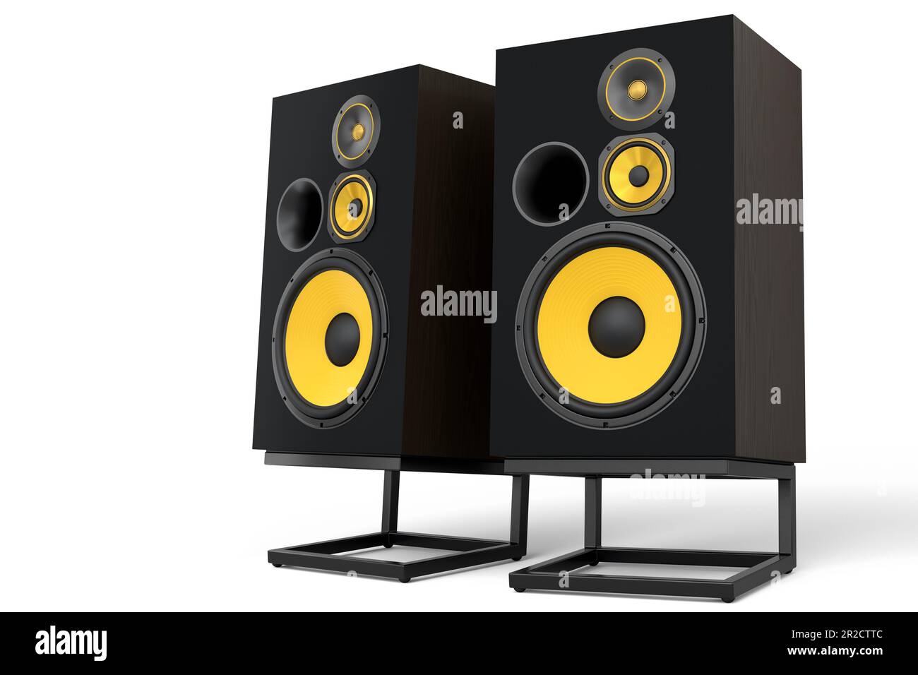 Hi-fi speakers with loudspeakers on stand isolated on white background ...