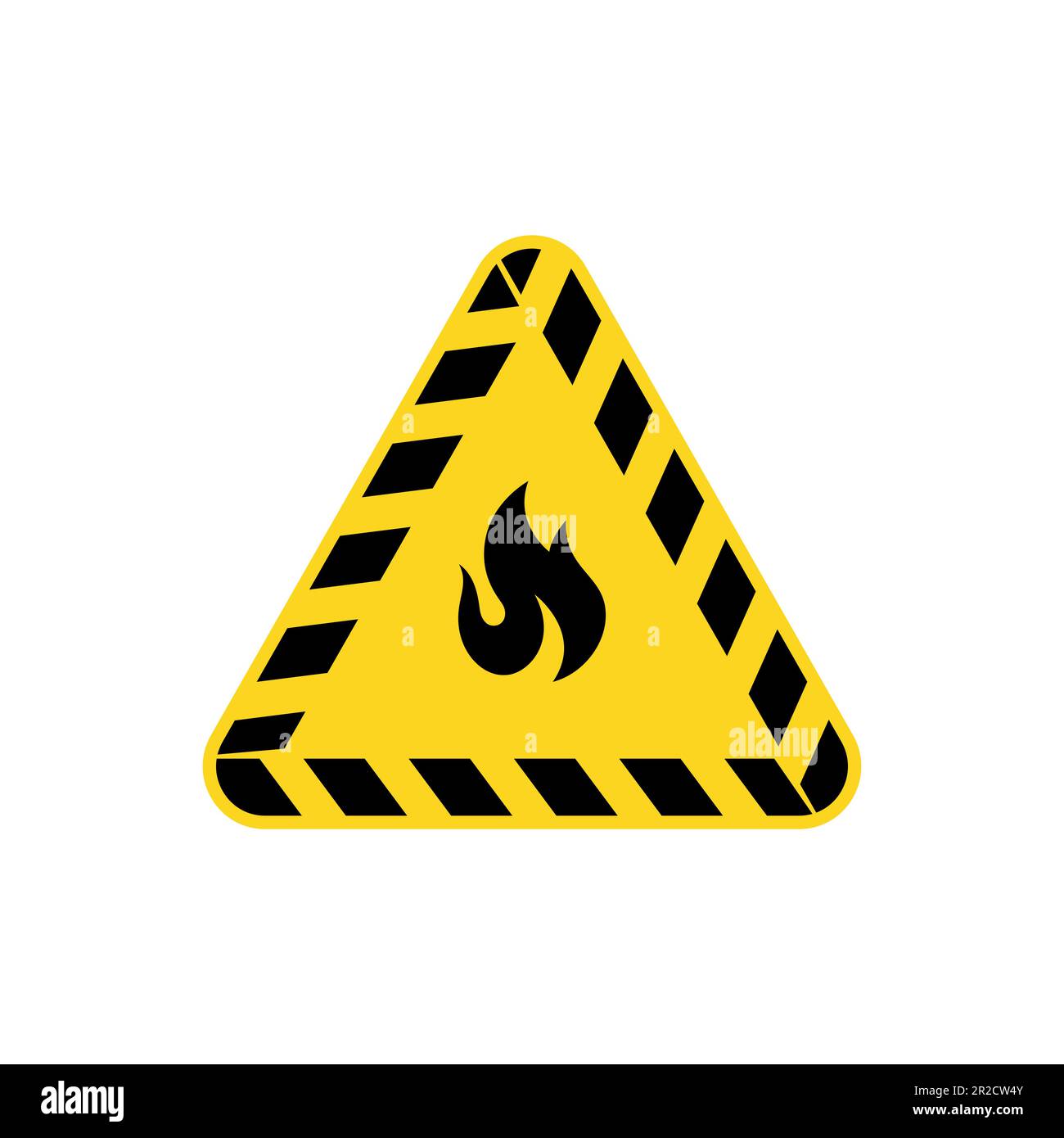 Warning sign with a flame symbol and safety stripes on the edges. Flat ...