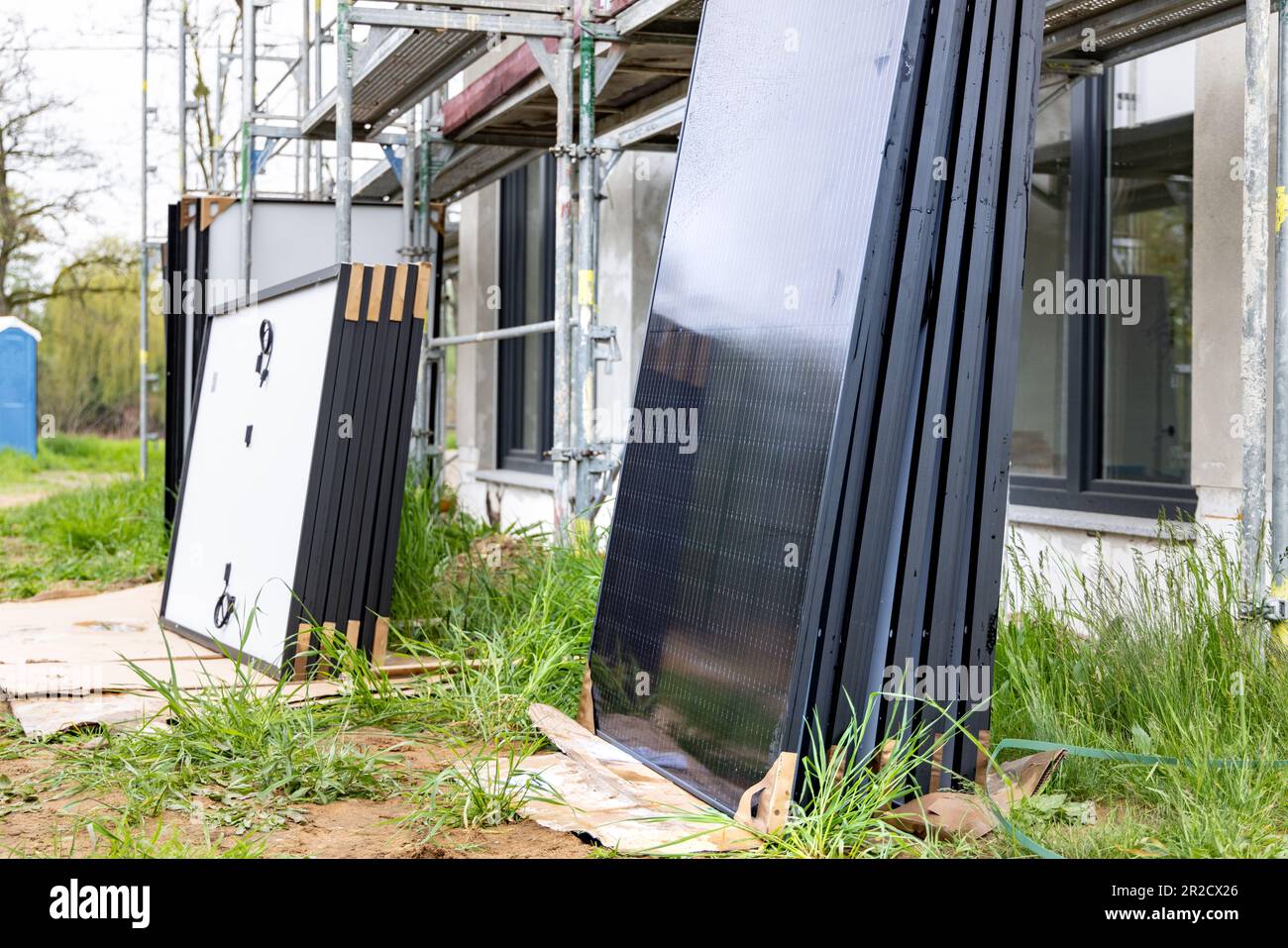 Several solar panels on a construction site prior to installation Stock ...