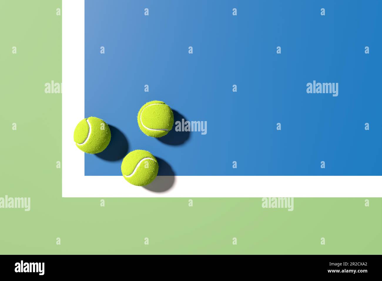 Three tennis balls at the corner of the lines on blue tennis court. 3D ...