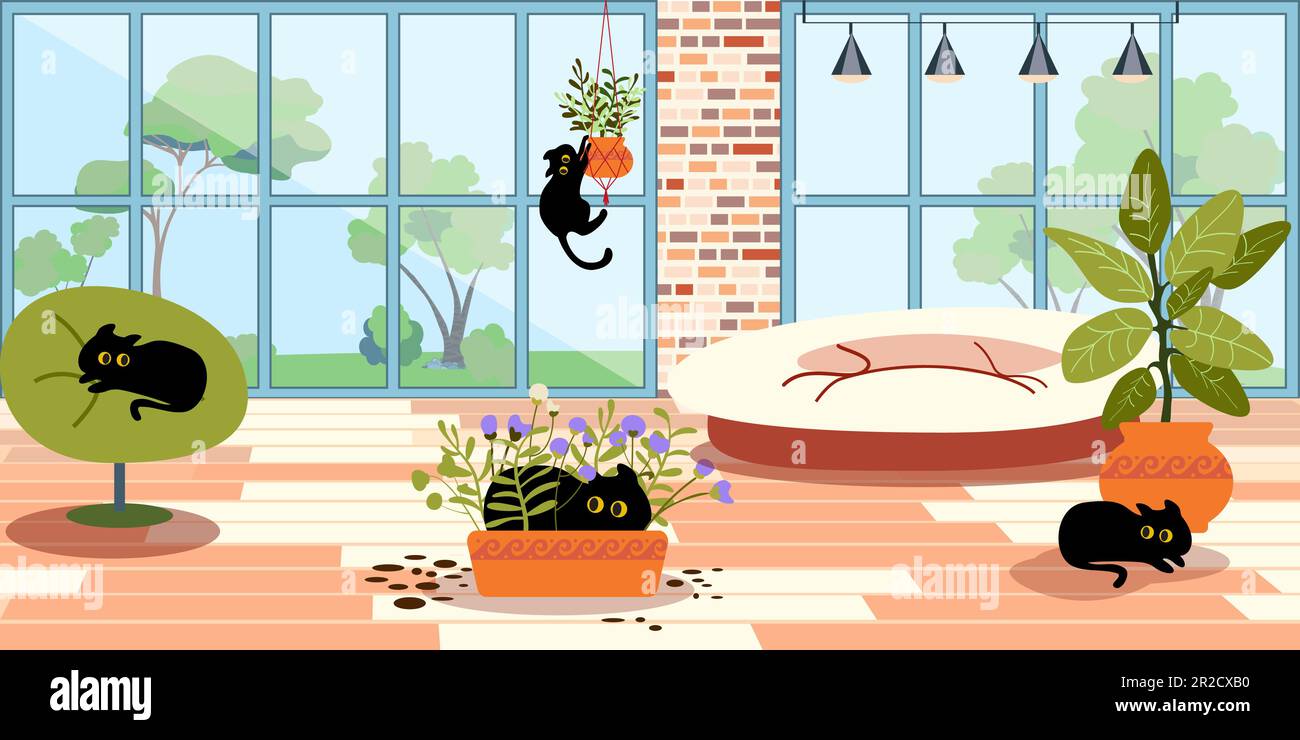 Cute cats play at home. Place for animals. The playful cat broke the ...