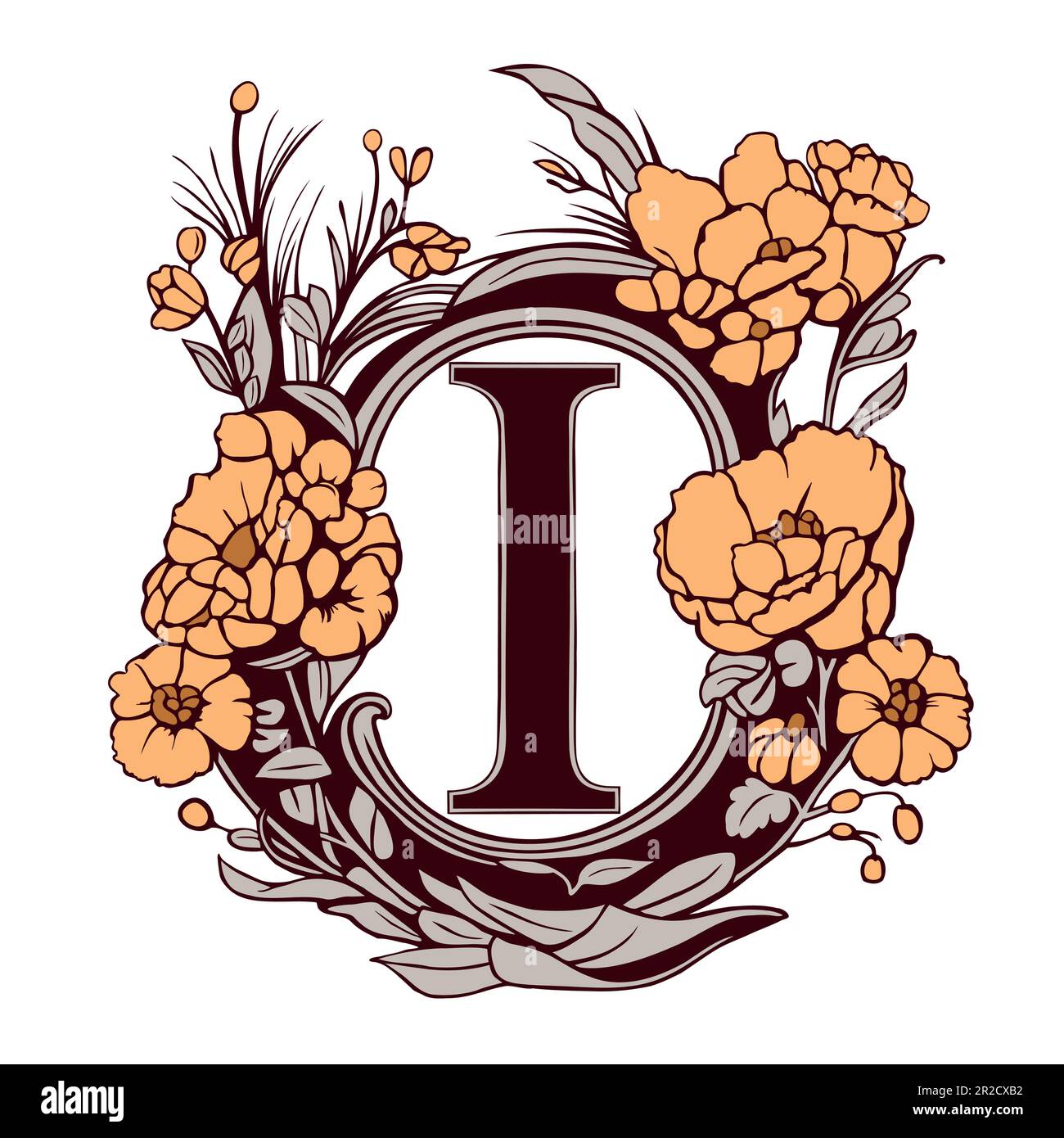 Letter I Floral monogram. Vintage ornament initial Alphabet spiral ...