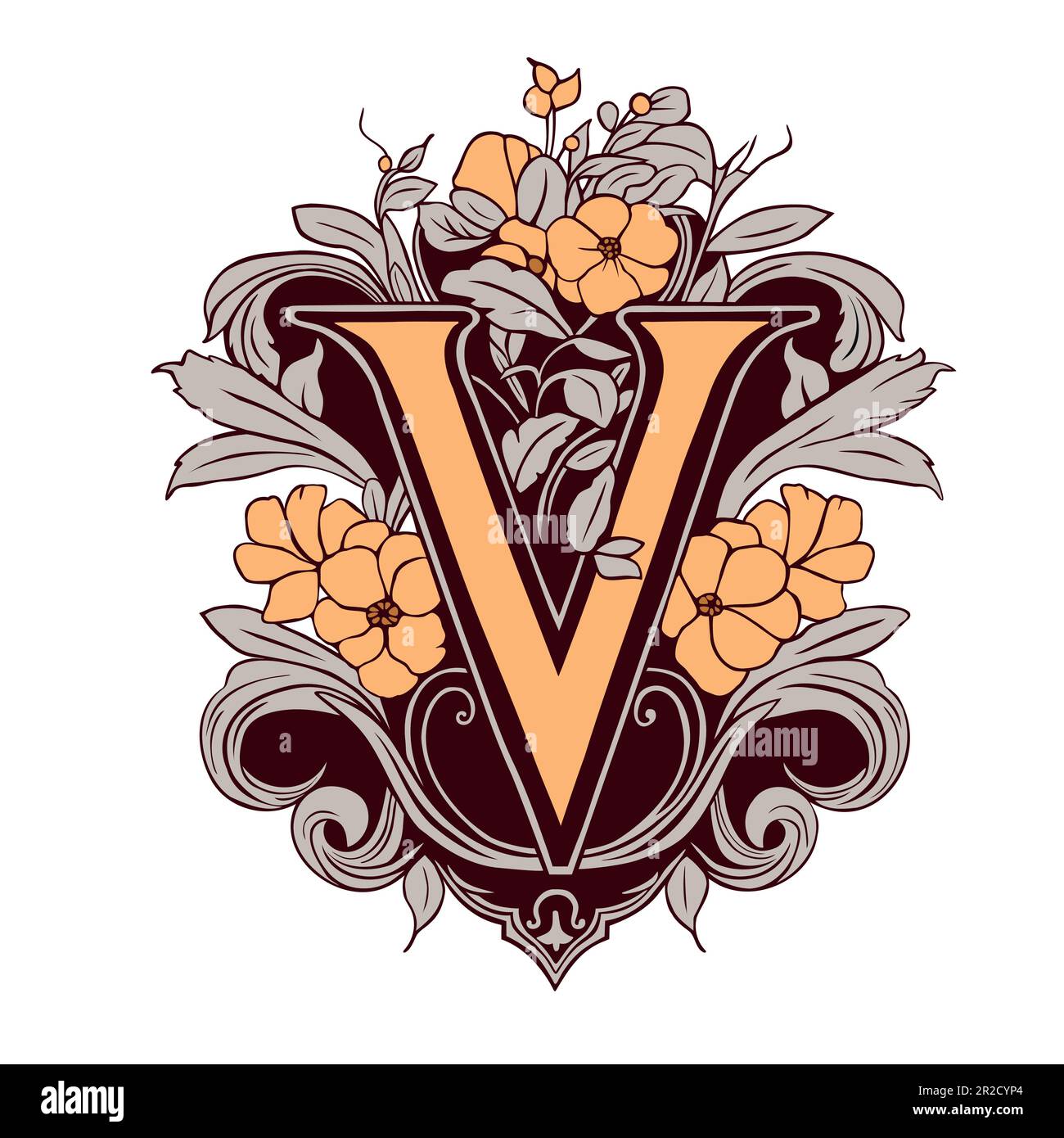Letter V Floral monogram. Vintage ornament initial Alphabet spiral ...