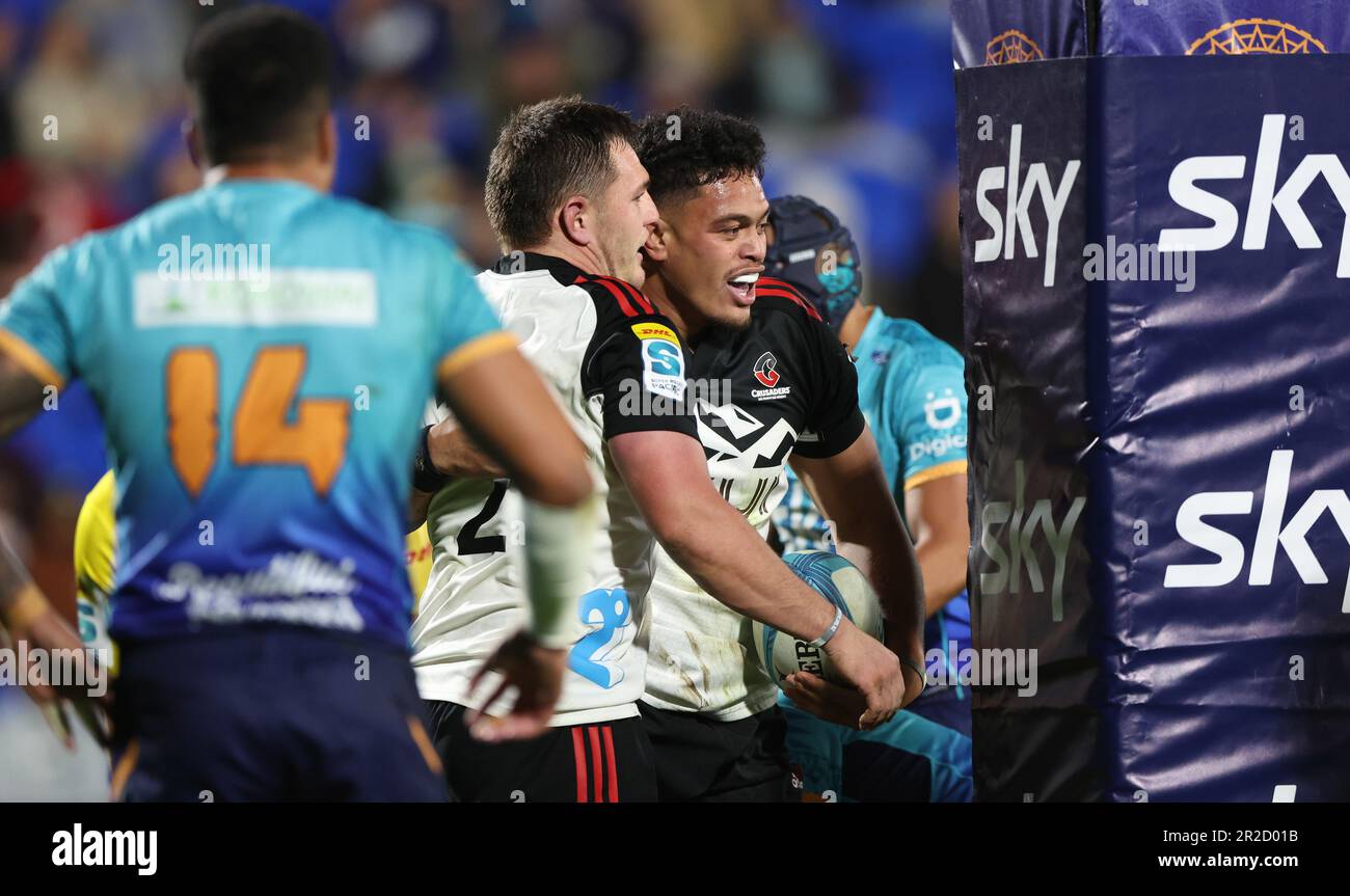 Sione Havili Talitui of The Crusaders celebrates the first try during ...