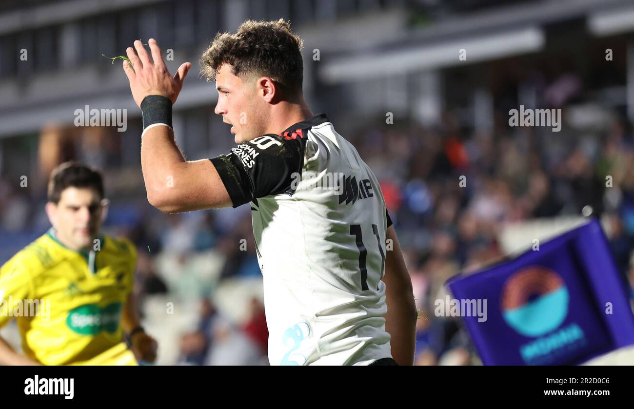 Macca Springer of The Crusaders celebrates the second try during the ...