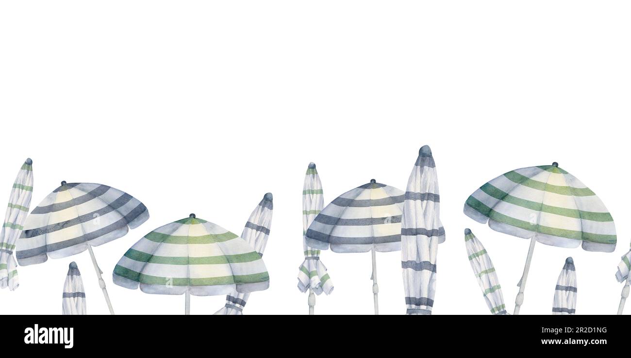 Hand drawn watercolor striped beach chair and umbrella. Seamless ...