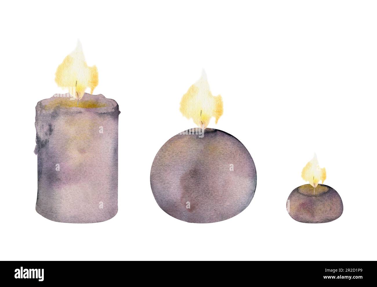 Hand drawn watercolor assorted candles lit with flames. Votives, balls ...