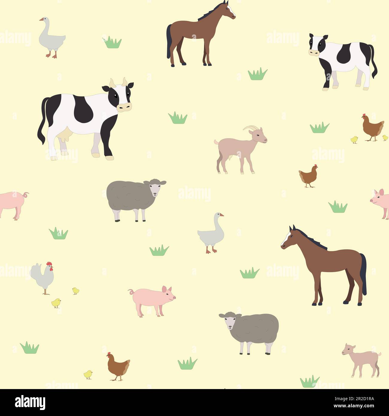 Farm animals pattern, cow, pig, horse, sheep. goat, chicken, goose ...