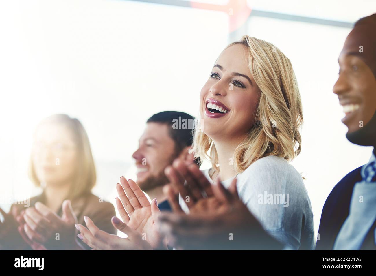 Applause, success and seminar with business woman for support, teamwork ...