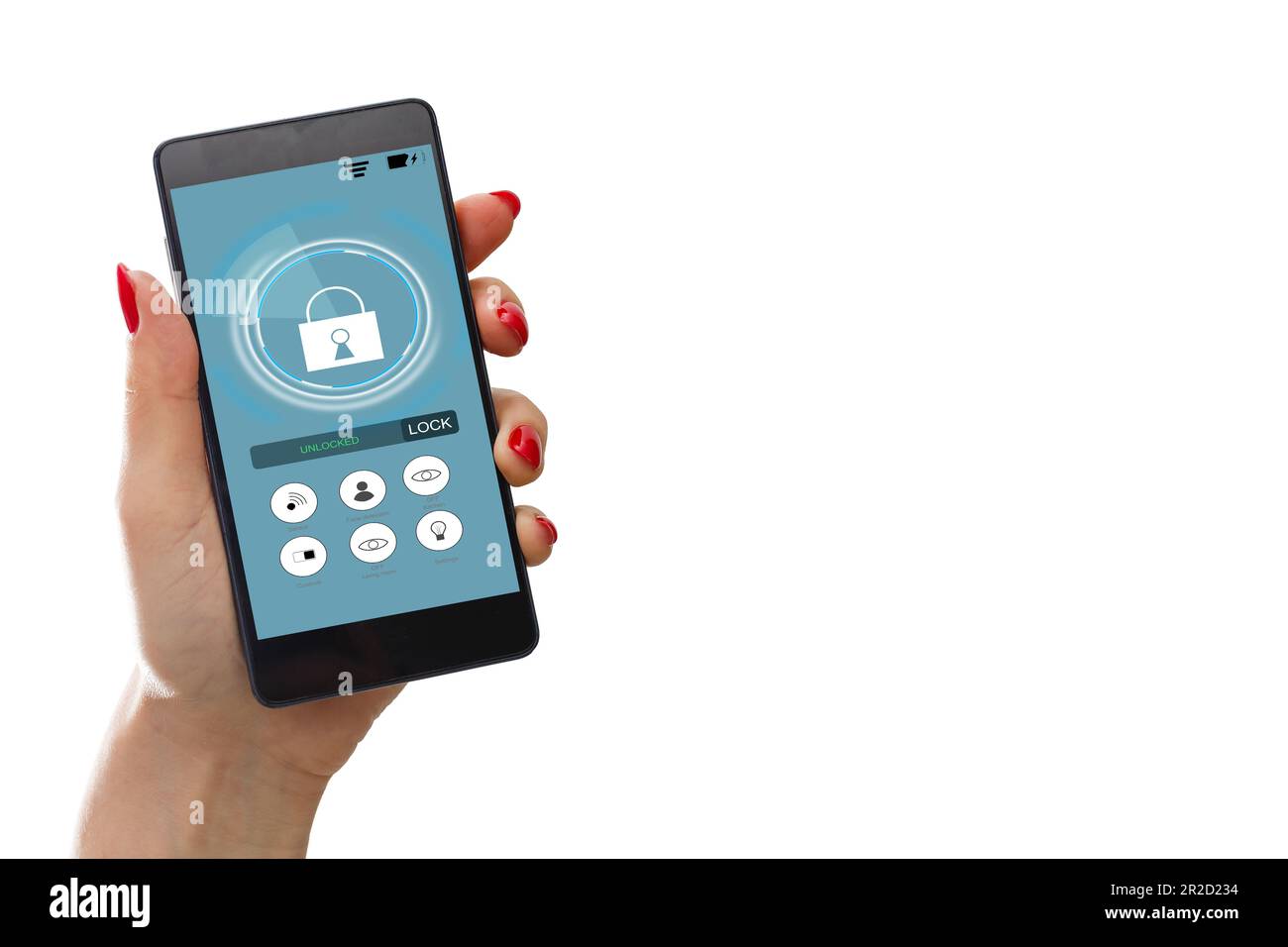 isolated woman hand holding the phone with system smart house Stock ...