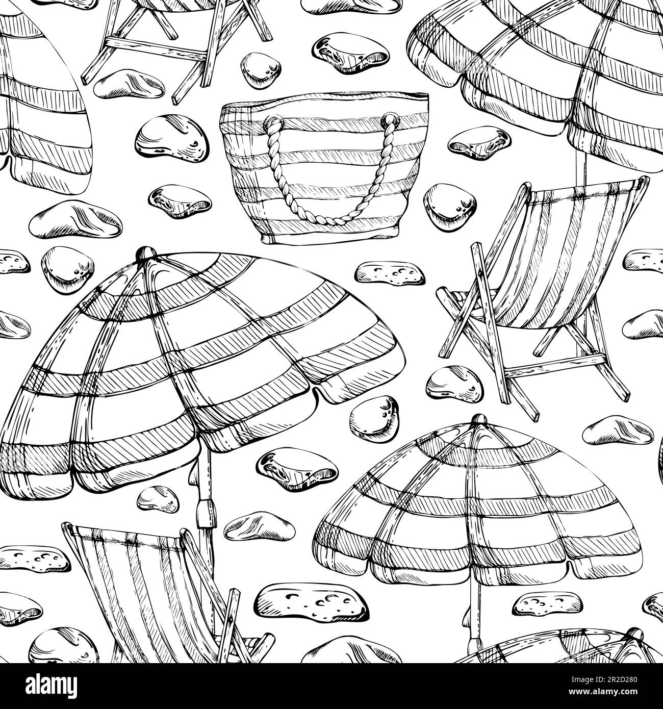 Hand Drawn Vector Ink Beach Striped Chairs Bags And Umbrellas Seamless