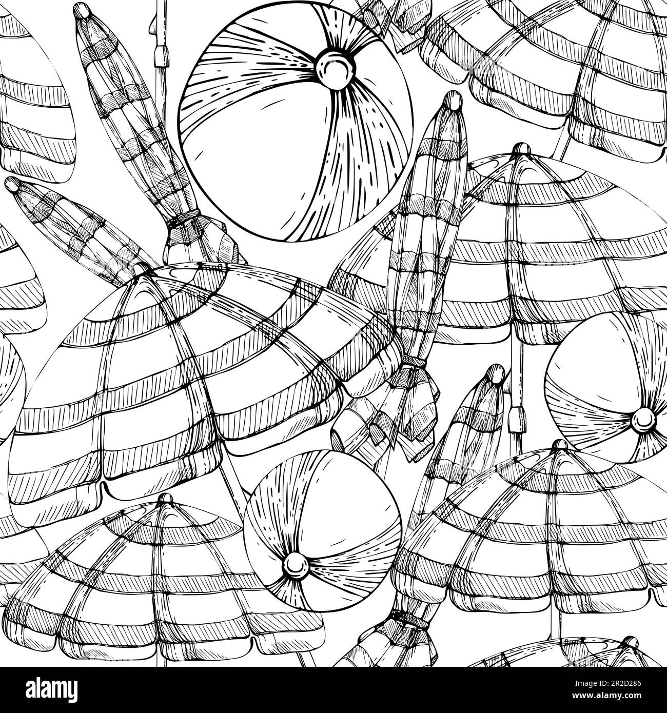 Hand Drawn Vector Ink Striped Beach Umbrellas Open And Folded Play