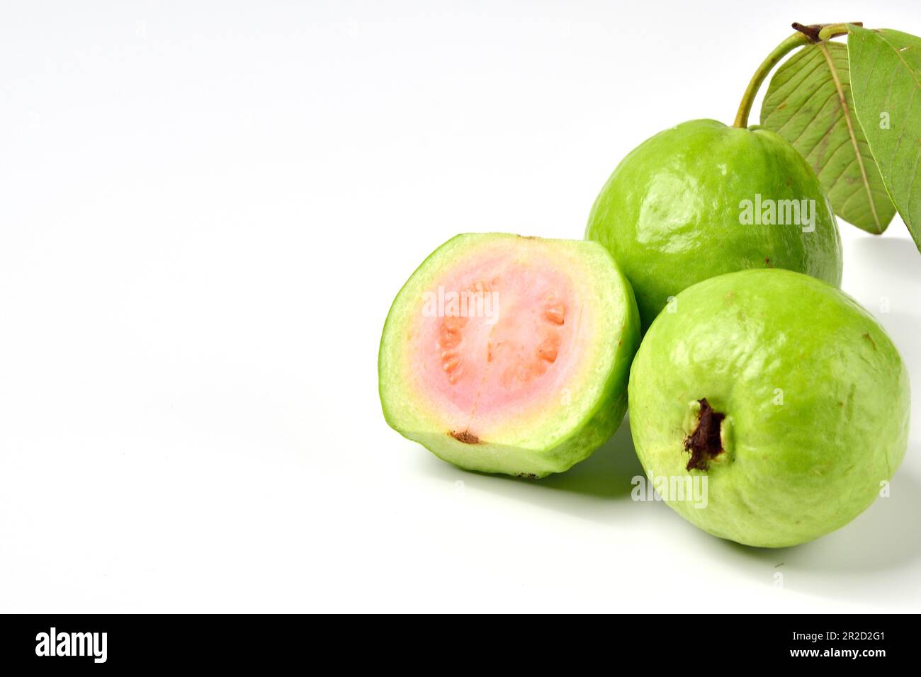 Pink guava fruits isolated on white background.Guava fruit with leaf ...