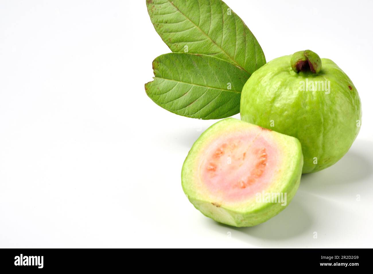 Pink guava fruits isolated on white background.Guava fruit with leaf ...