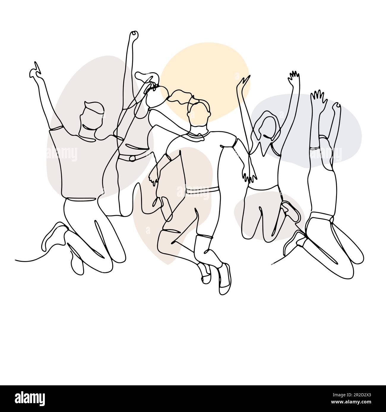 Single line drawing of jumping people, men and women with pastel ...
