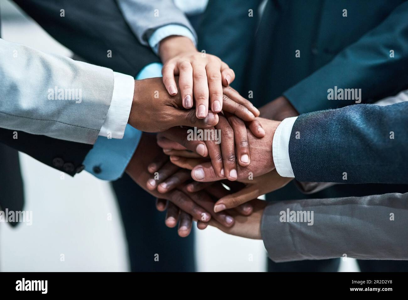 Teamwork, business people and hands stacked for support, target or team building, collaboration ...