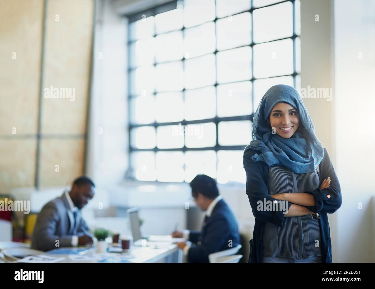 Muslim, business woman and portrait in office with a smile, hijab and ...