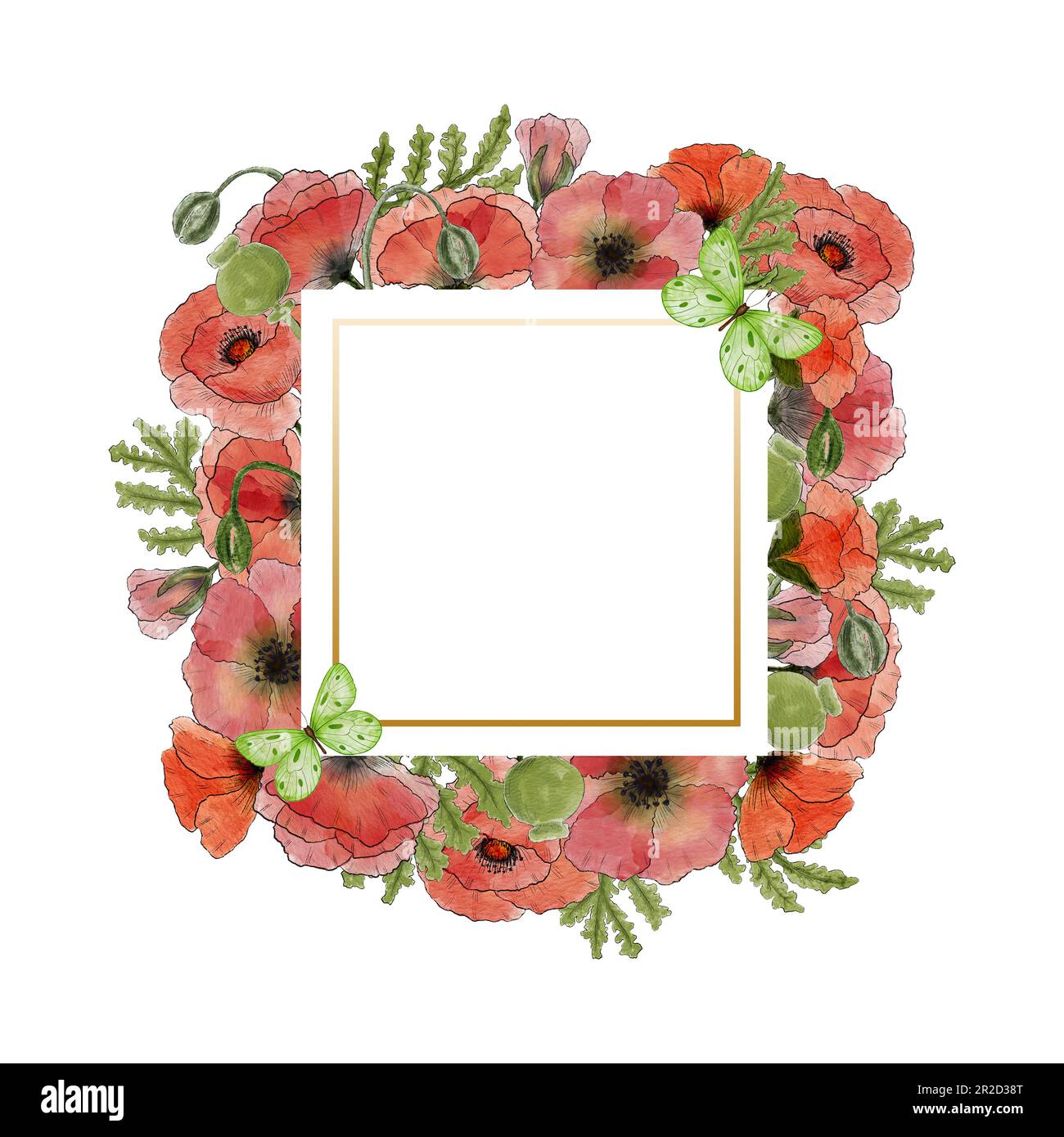 Watercolor card with red poppies. Red poppies and butterfly. Design for ...