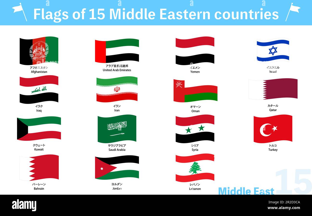 Fluttering World Flag Icons, Middle East 15 Countries Set, Vector ...