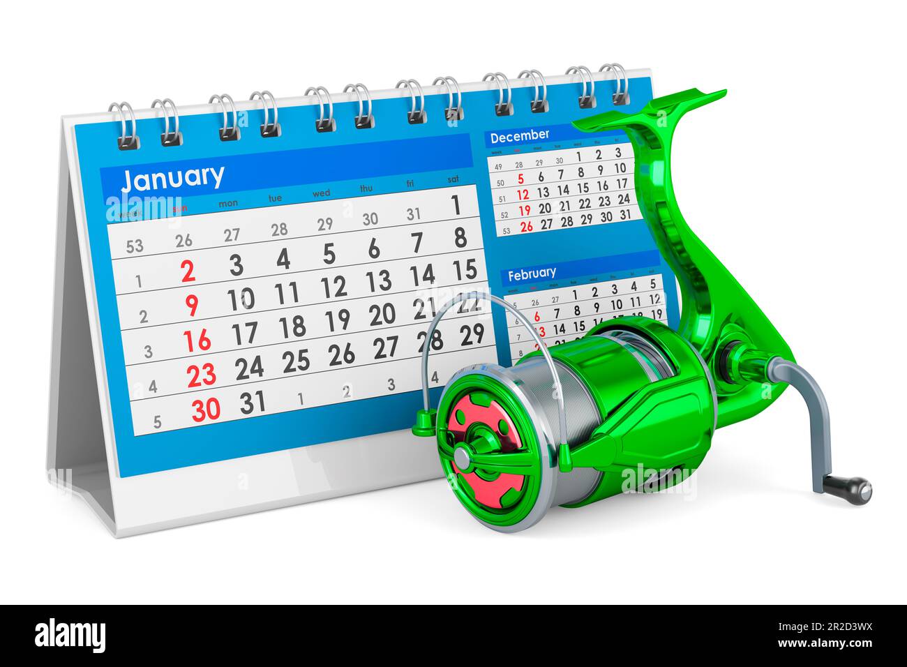 Spinning reel with desk calendar. 3D rendering isolated on white ...