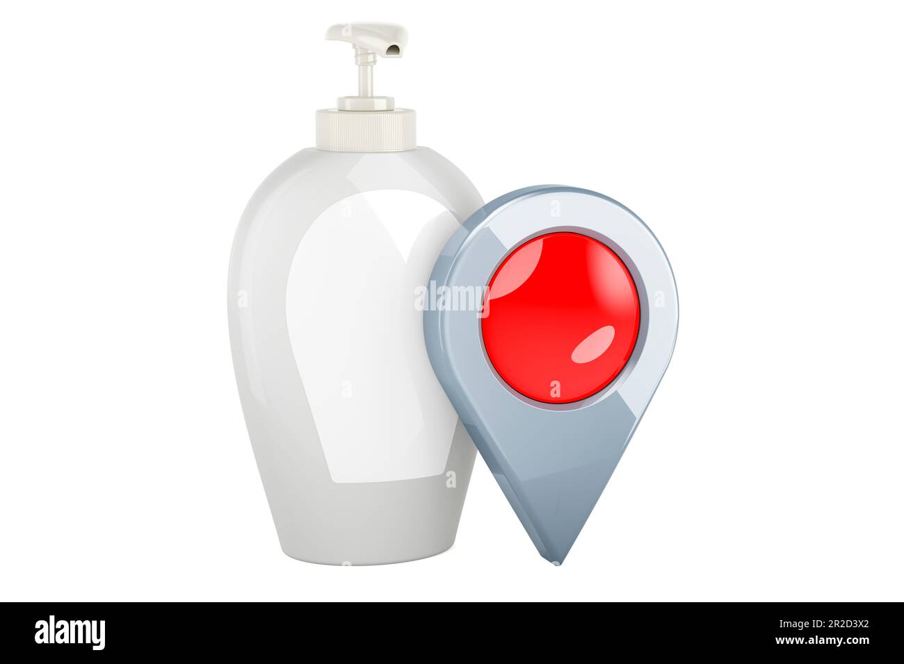 Soap bottle dispenser with map pointer, 3D rendering isolated on white ...