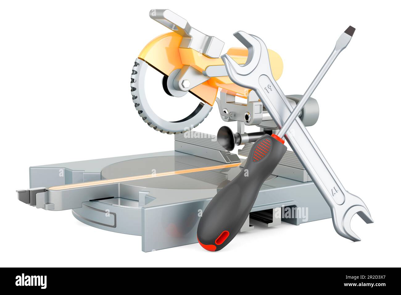 Table circular saw with screwdriver and wrench. 3D rendering isolated ...