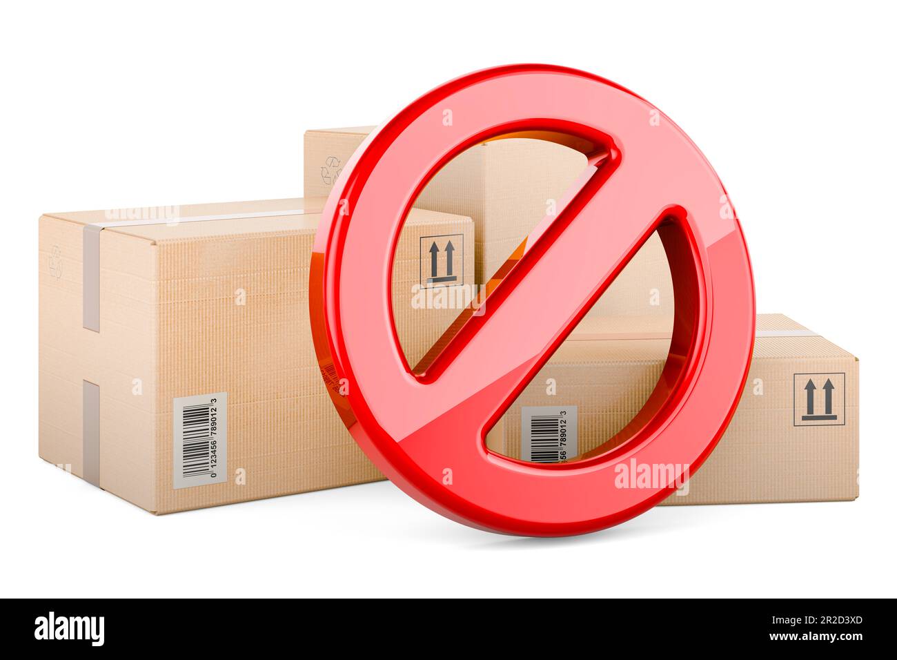 Shipping and logistics concept. Three parcels with forbidden symbol. 3D rendering isolated on ...