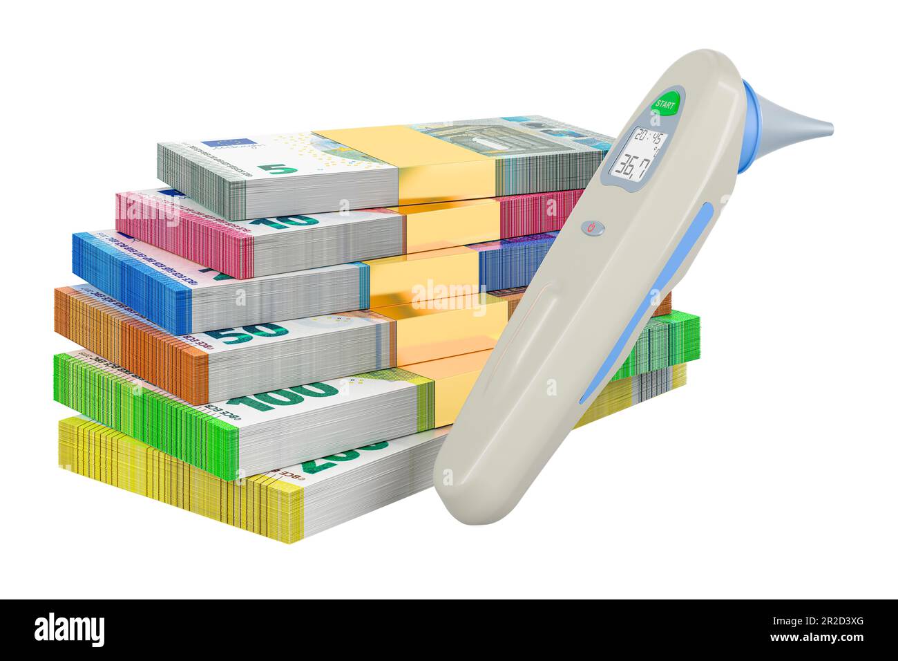 Digital Forehead and Ear Thermometer with money, euro packs. 3D ...