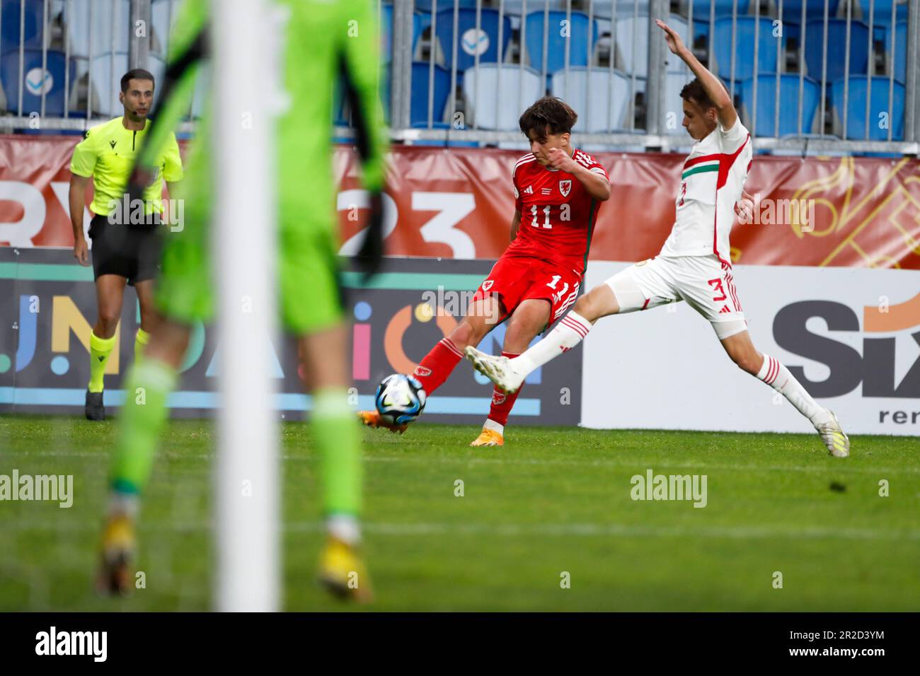 Budapest, Hungary, 17 May 2023. Joseph Hatch of Wales crosses the ball ...