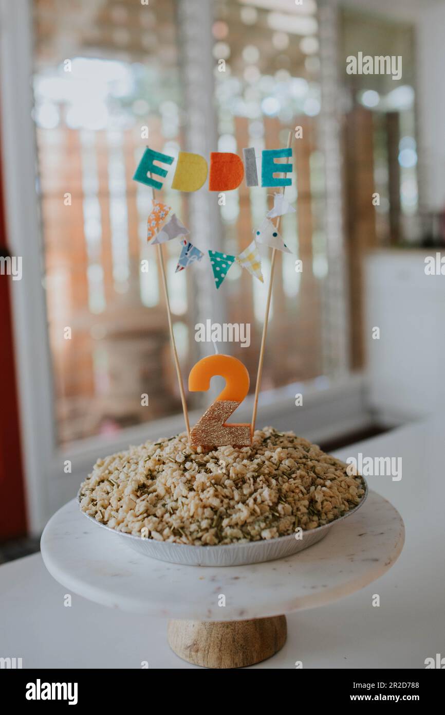 Brithday ice cream pie with the number 2 and a pennant banner th Stock ...