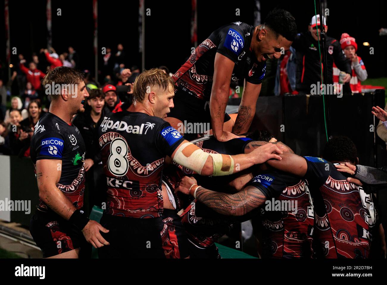 Dragons celebrate the try of Jaydn Su’aduring the NRL Round 12 match ...