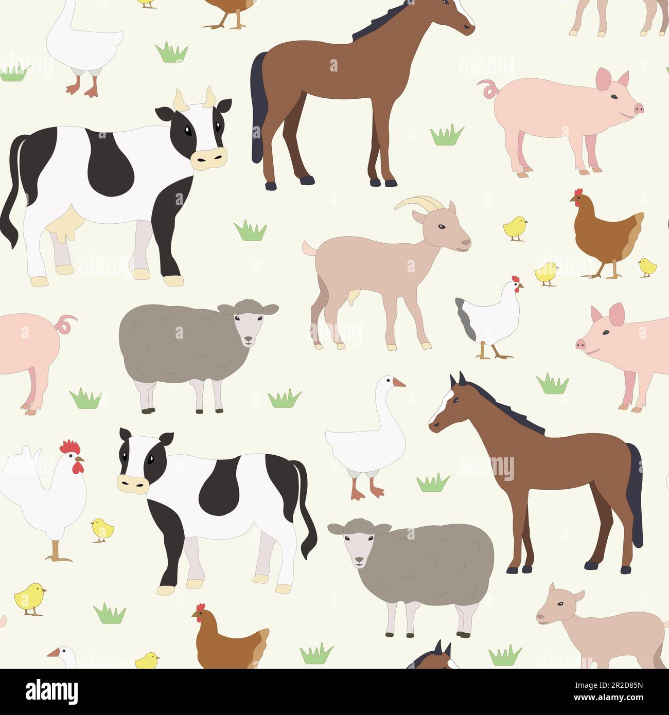 Cartoon farm animals pattern, cow, pig, horse, sheep. goat, chicken ...