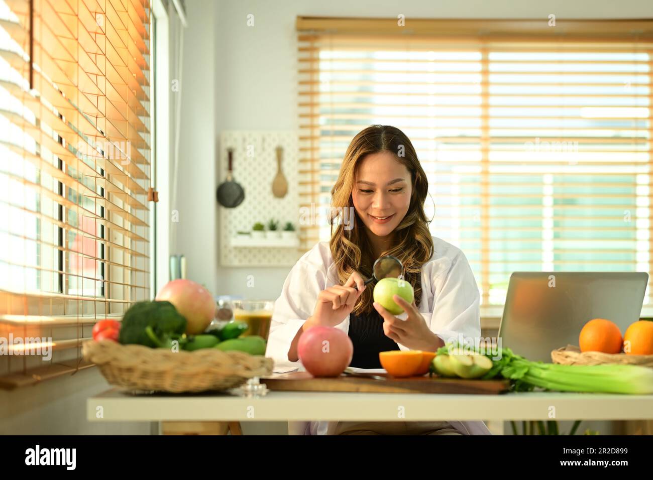 Portrait of female dietitian working on diet plan at office. Right ...