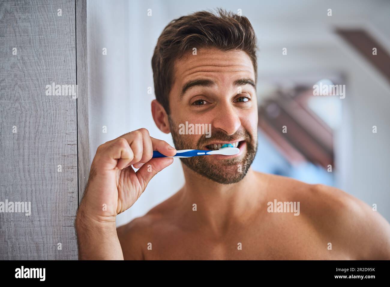Portrait, toothbrush and man brushing teeth in bathroom for dental ...