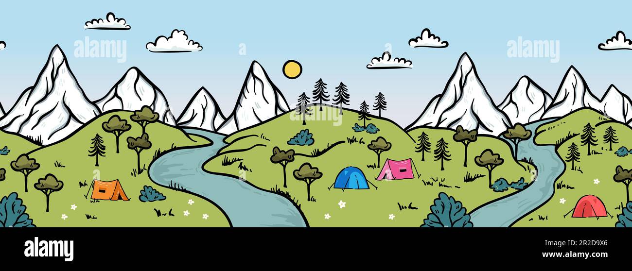 Cute hand drawn landscape with mountains, tents, trees, hills. Simple ...