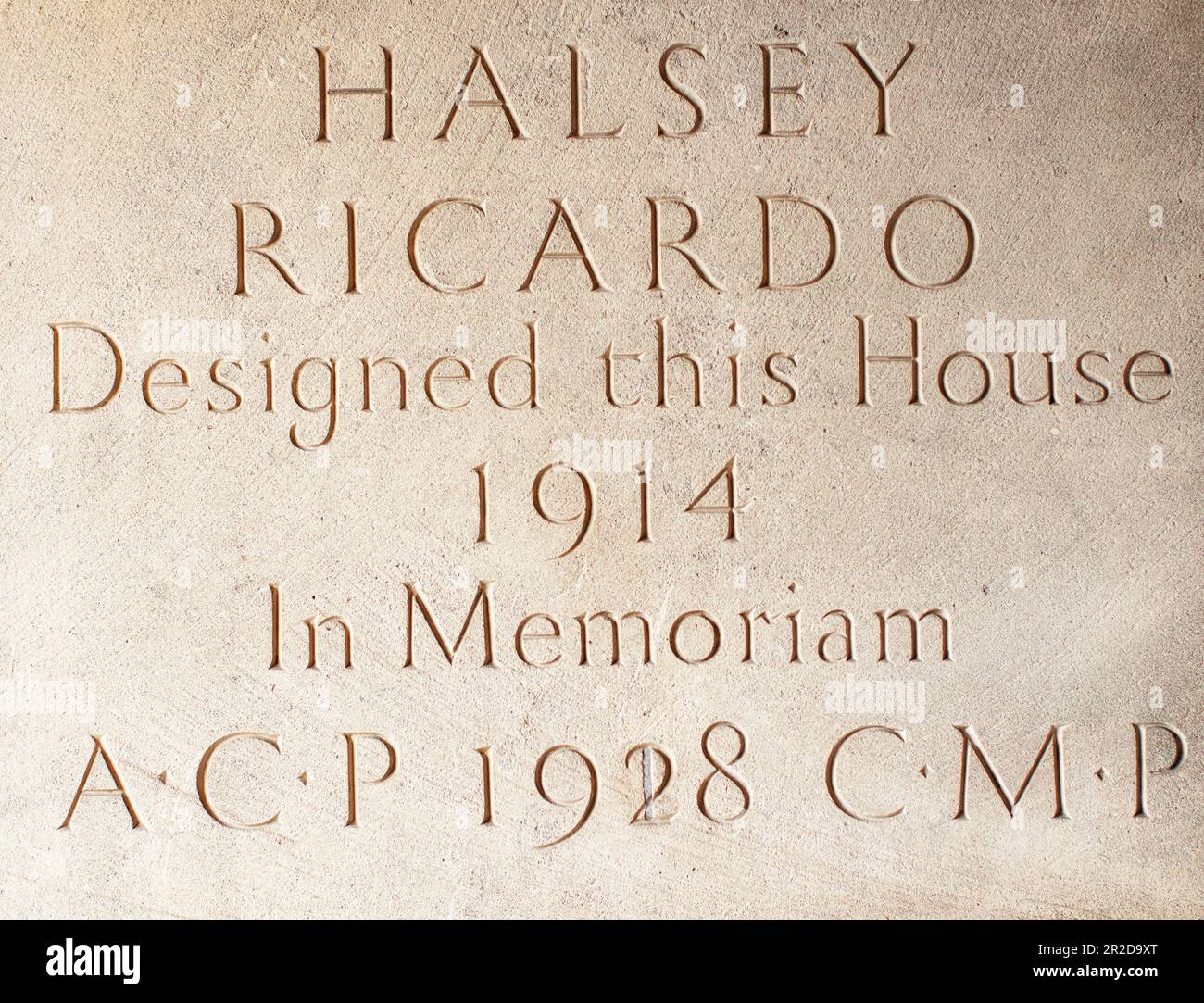 Stone tablet marking the design by Halsey Ricardo of a house in Chelsea ...