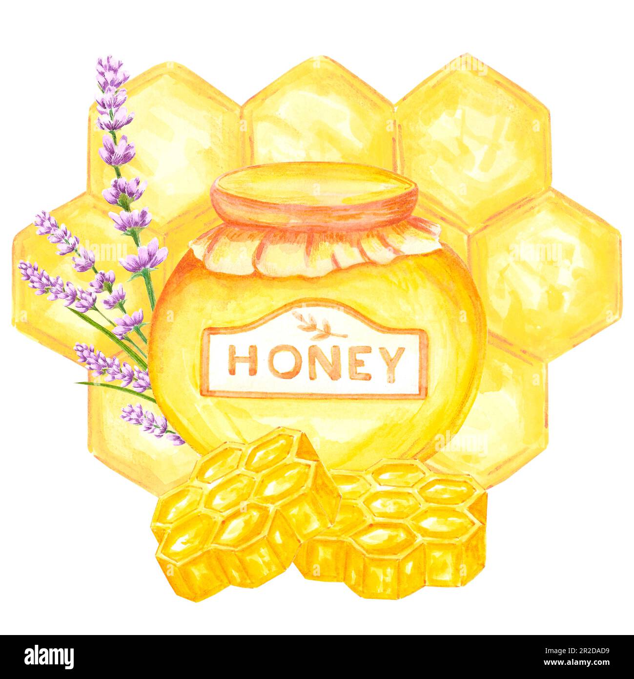 Hand drawn watercolor lavender honey jar and combs composition on white ...