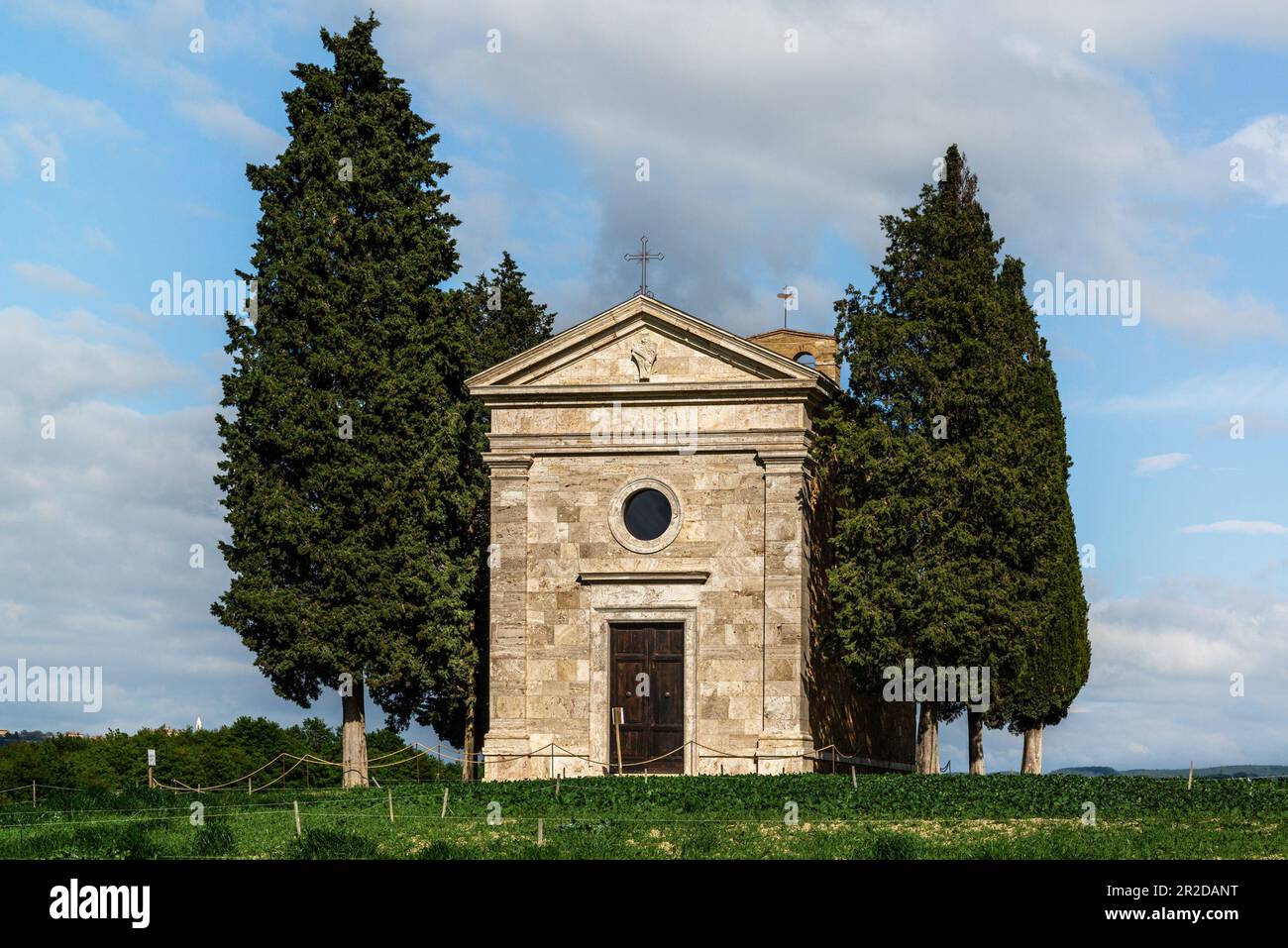 View on the Vitaleta Chapel and the surrounding hills of the Orcia ...