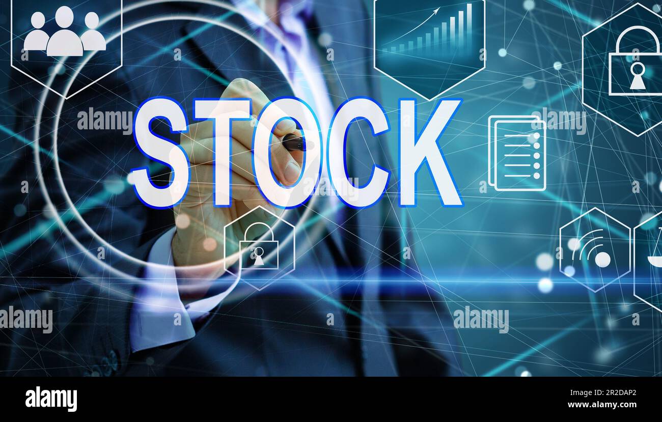 STOCK button on virtual screen Stock Photo - Alamy