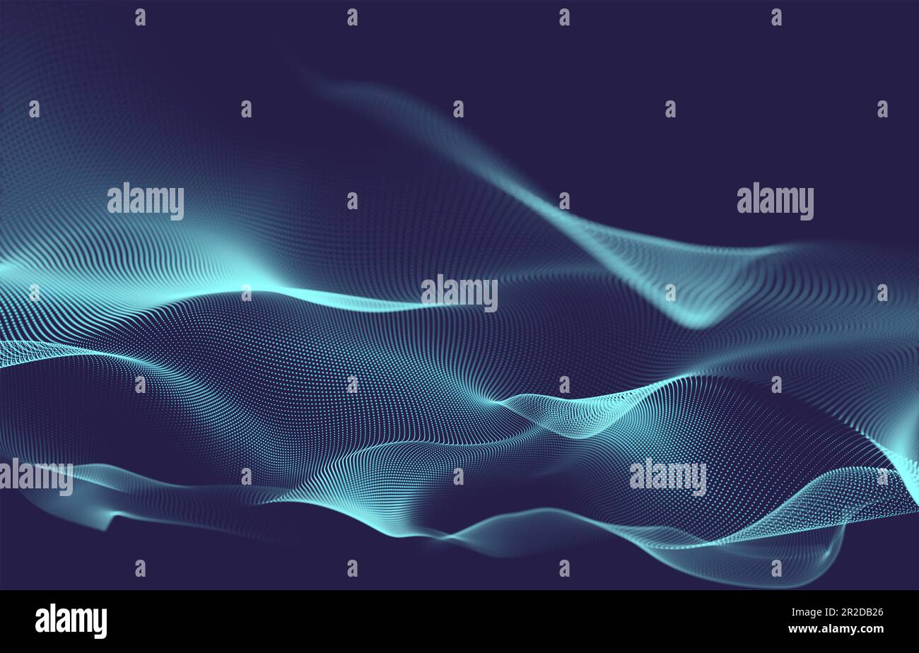 3D render of futuristic particle waves - network communication Stock ...